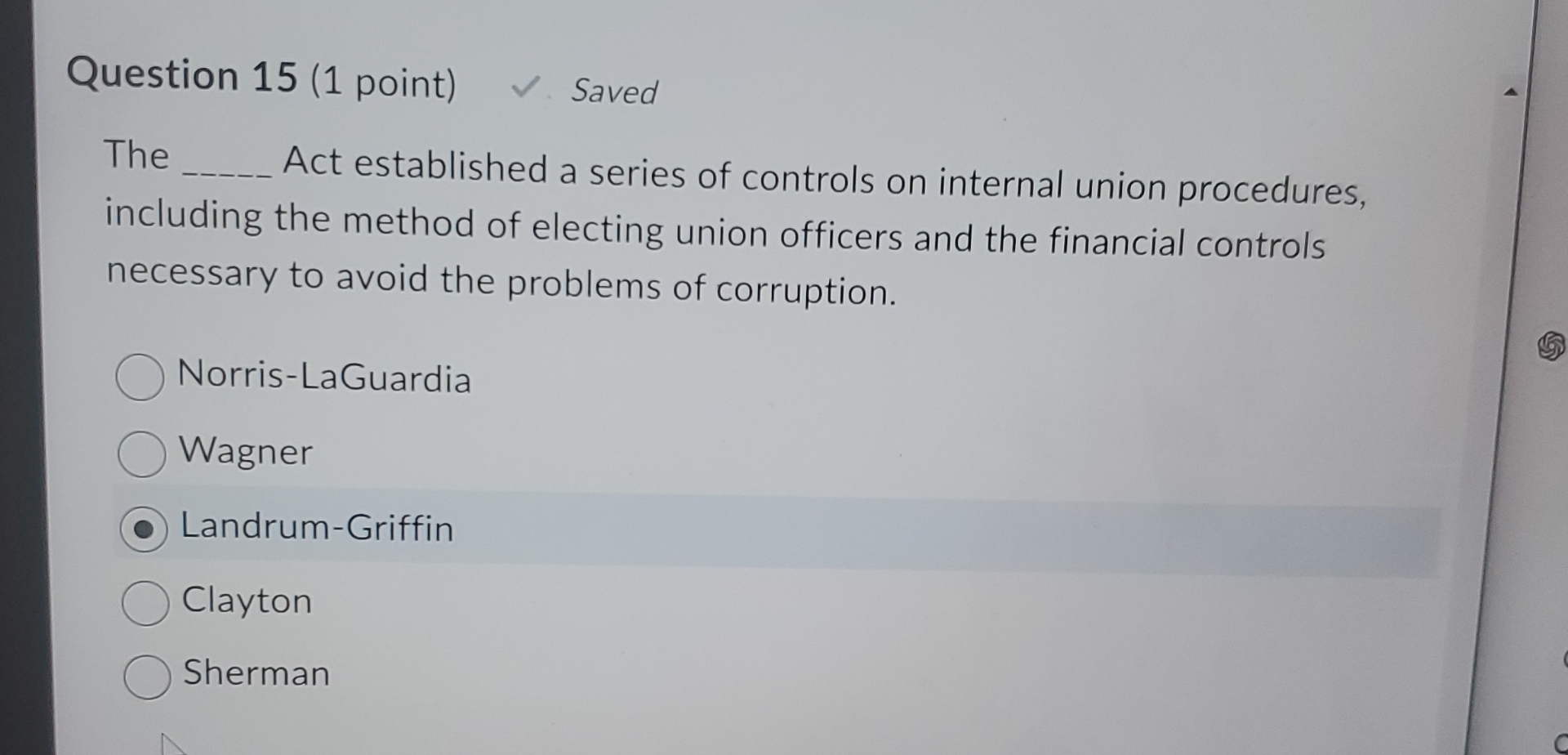 Solved Question 15 (1 ﻿point) ﻿SavedThe ﻿Act established | Chegg.com