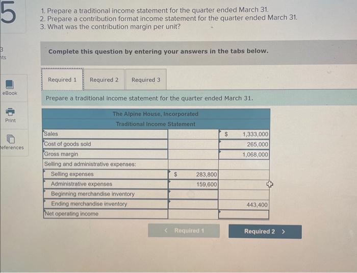 Solved 1. Prepare a traditional income statement for the | Chegg.com