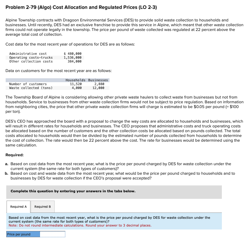 Solved Problem 2-79 (Algo) ﻿Cost Allocation and Regulated | Chegg.com