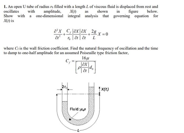 Solved 1. An open U tube of radius ro filled with a length L | Chegg.com