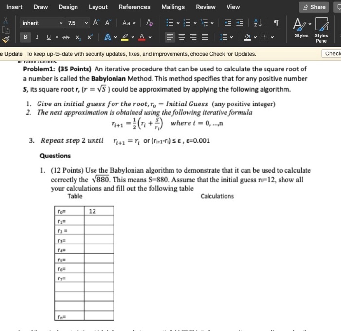 Solved Insert Draw Design Layout References Mailings Review | Chegg.com