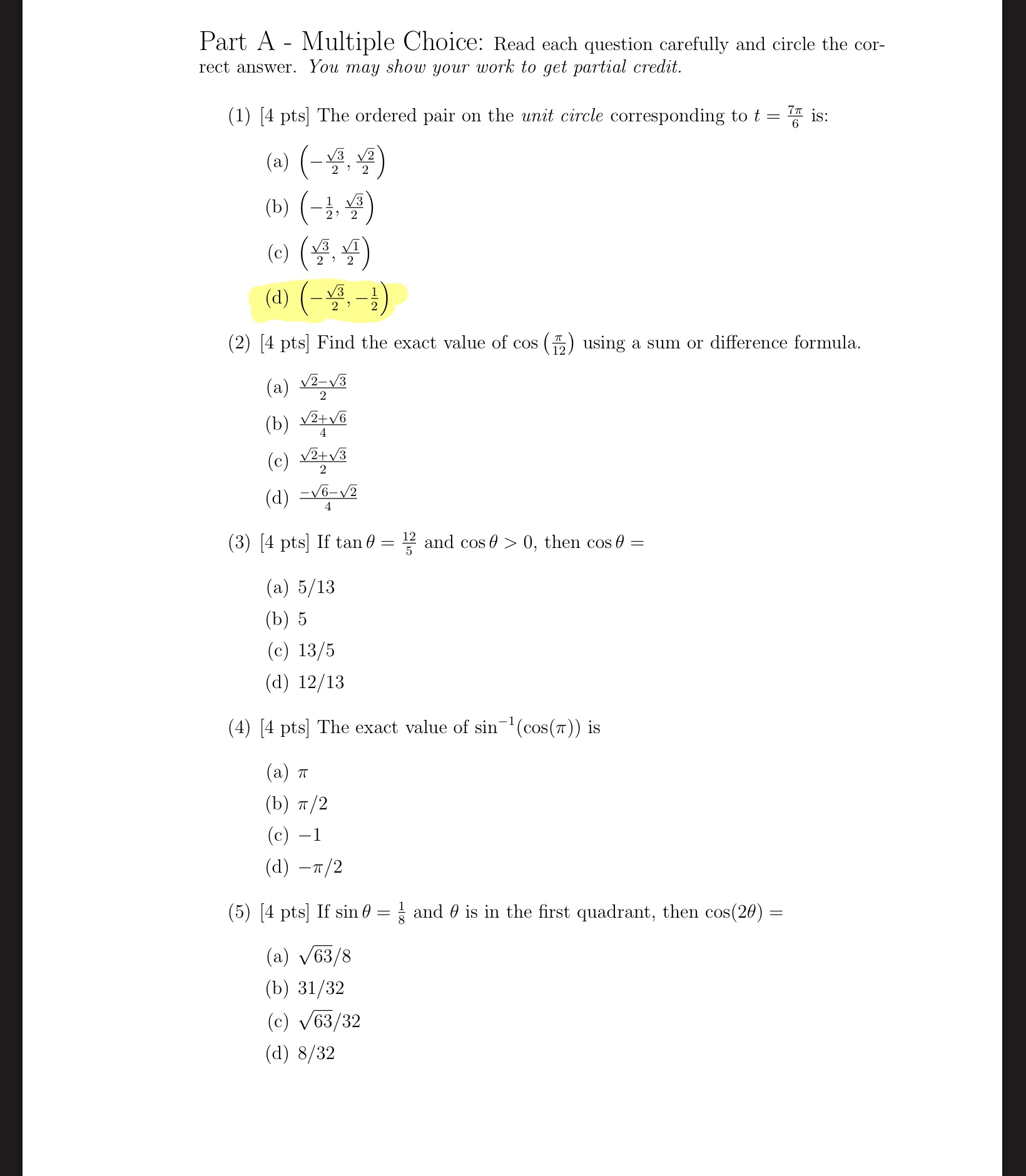 Solved Part A - ﻿Multiple Choice: Read each question | Chegg.com