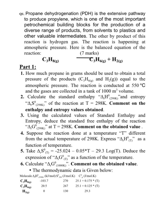 Solved Q1. Propane dehydrogenation (PDH) is the extensive | Chegg.com