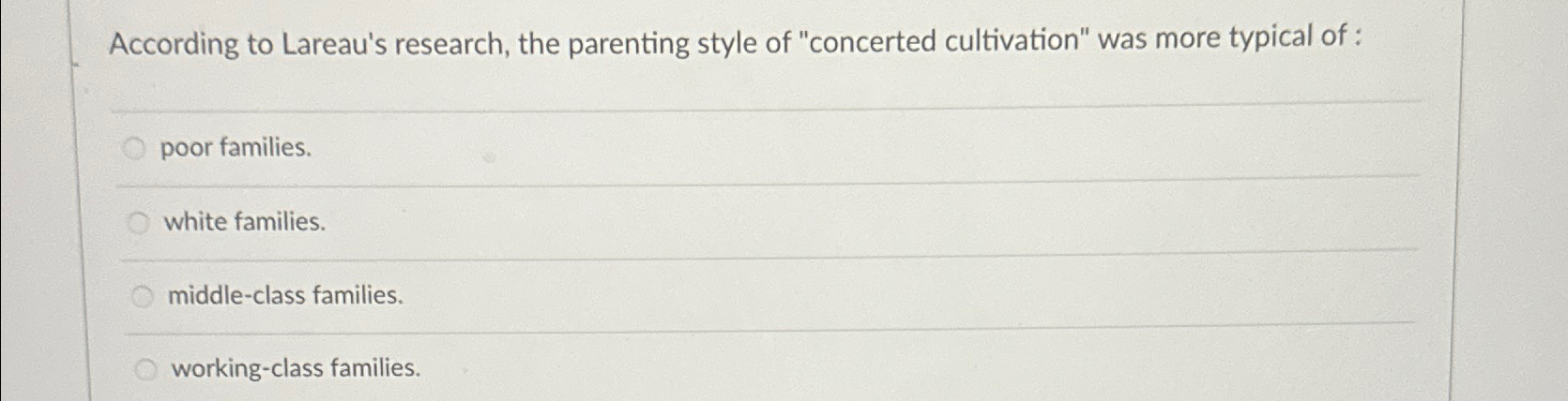 Solved According to Lareau's research, the parenting style | Chegg.com