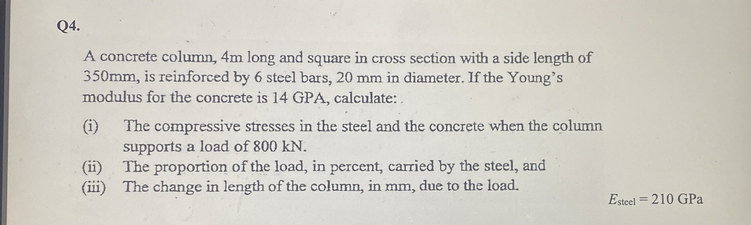 Solved Q4.A concrete column, 4 ﻿m long and square in cross | Chegg.com
