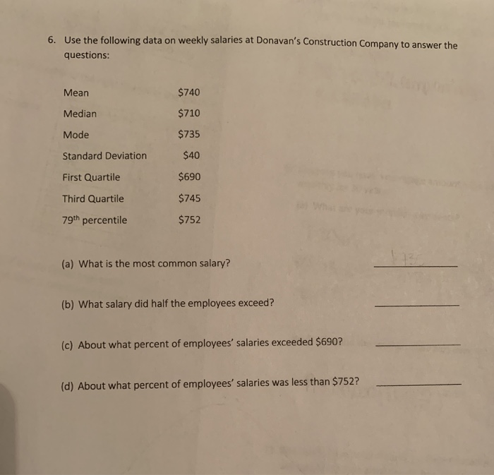 Solved 6. Use the following data on weekly salaries at | Chegg.com