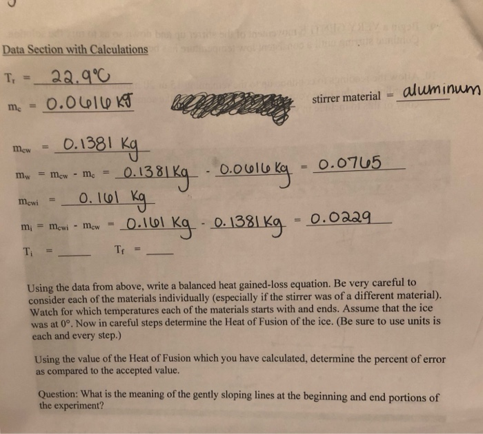 Calorimeter Heat of Fusion Lab- I understood the lab | Chegg.com