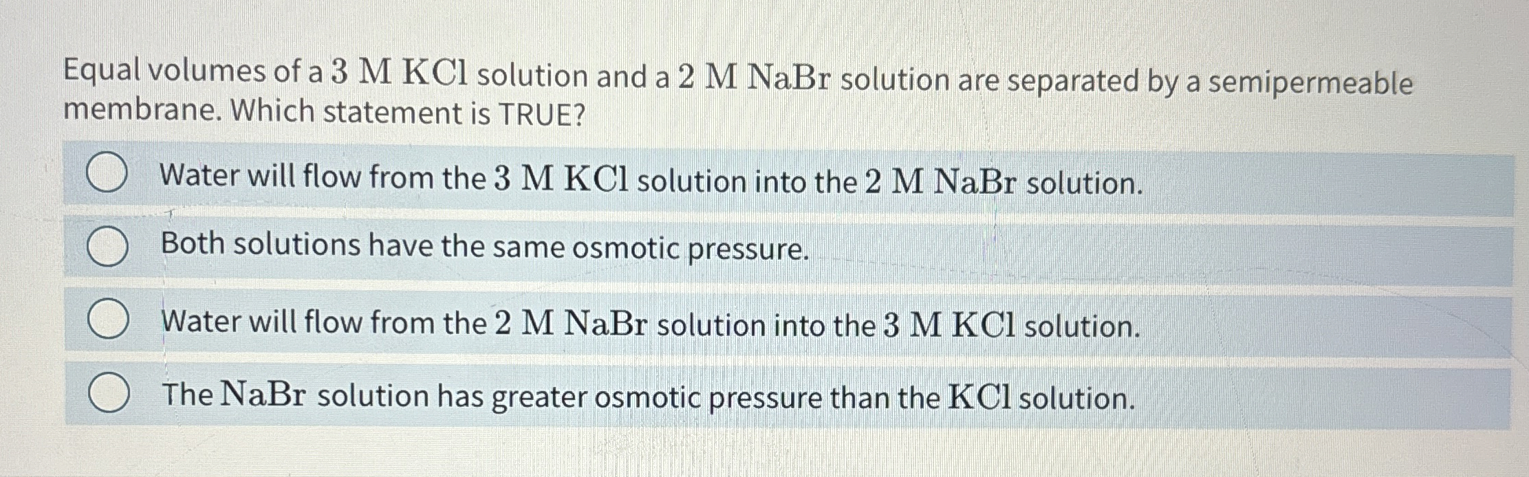 Solved Equal volumes of a 3 ﻿M KCl solution and a 2 ﻿M NaBr | Chegg.com