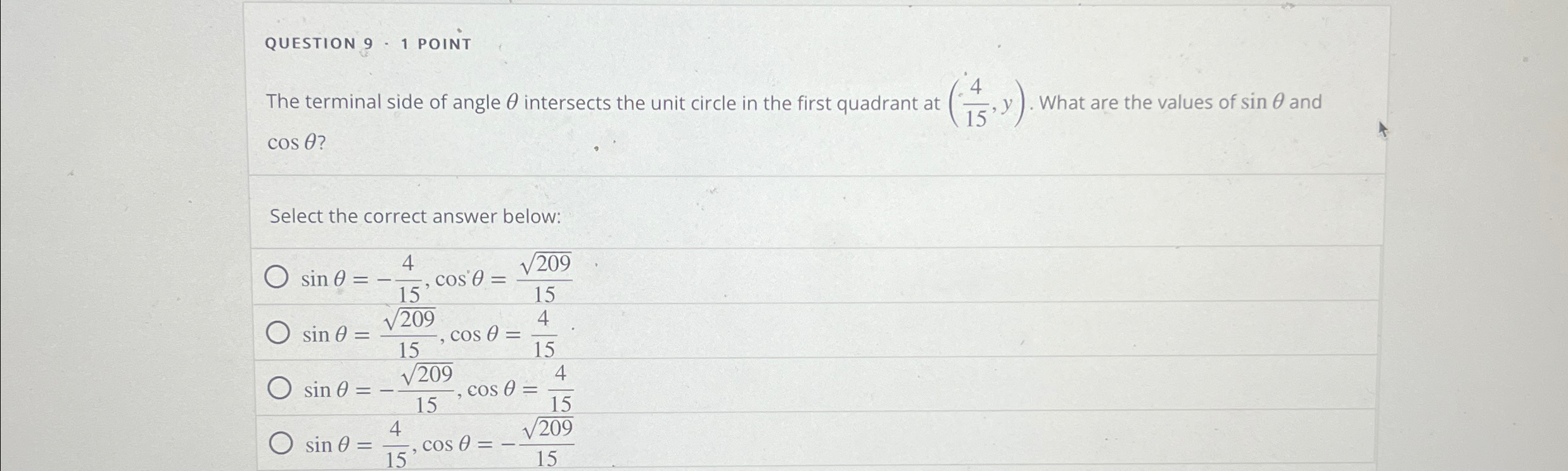 Solved QUESTION 9 - 1 ﻿POINTThe terminal side of angle θ | Chegg.com
