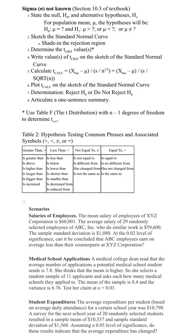 Solved Sigma ( σ ) ﻿not known (Section 10.3 ﻿of | Chegg.com