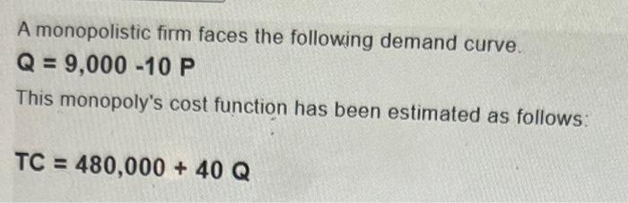 Solved A monopolistic firm faces the following demand curve. | Chegg.com