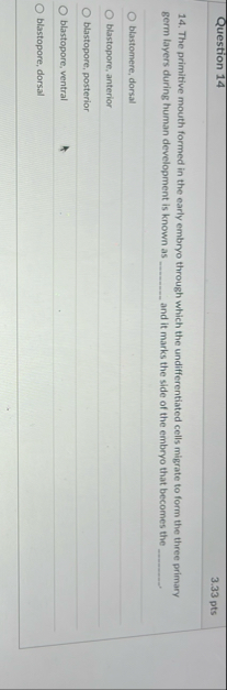 Solved Question 143.33 ﻿pts14. ﻿The primitive mouth formed | Chegg.com