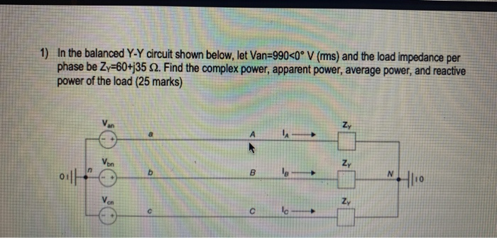 Solved 1) In the balanced Y-Y circuit shown below, let | Chegg.com