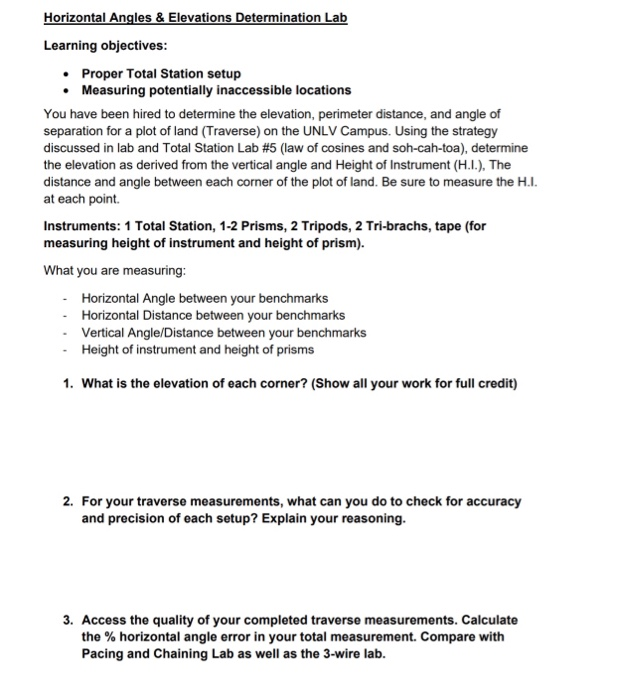 Horizontal Angles & Elevations Determination Lab | Chegg.com