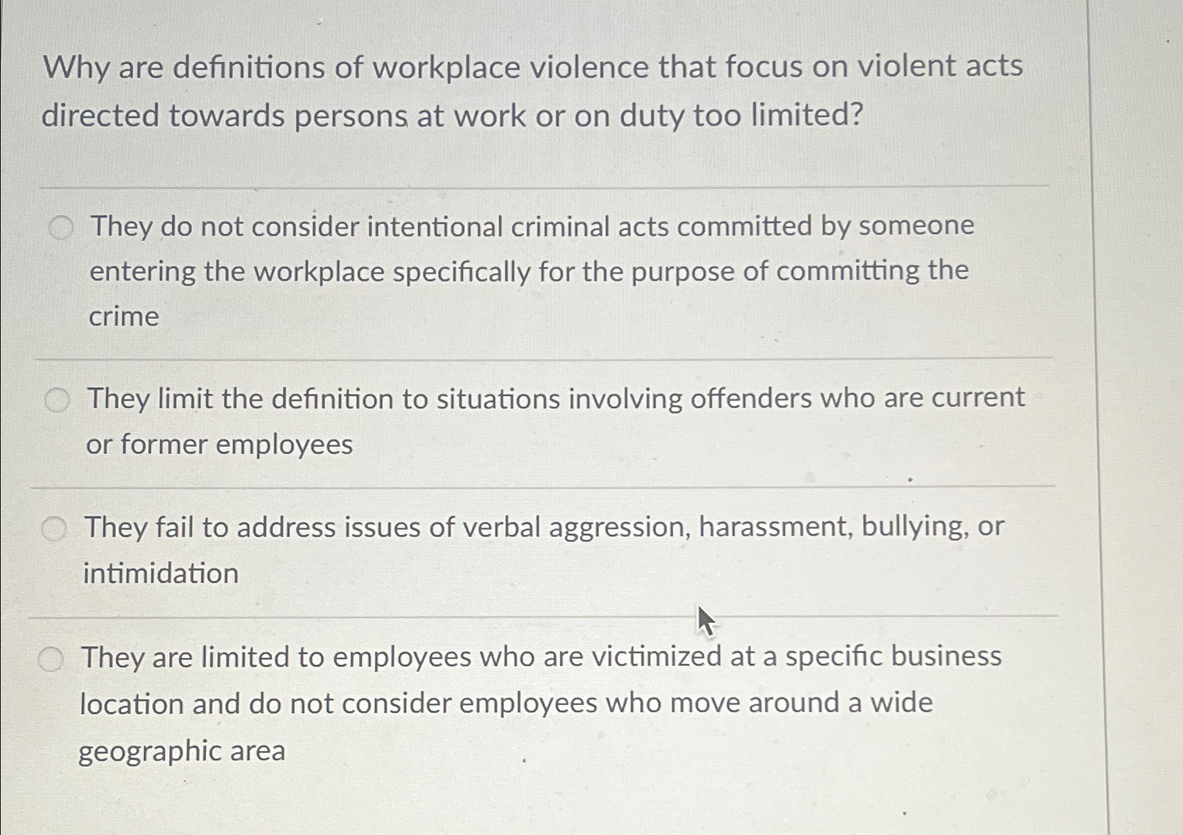 Solved Why are definitions of workplace violence that focus | Chegg.com