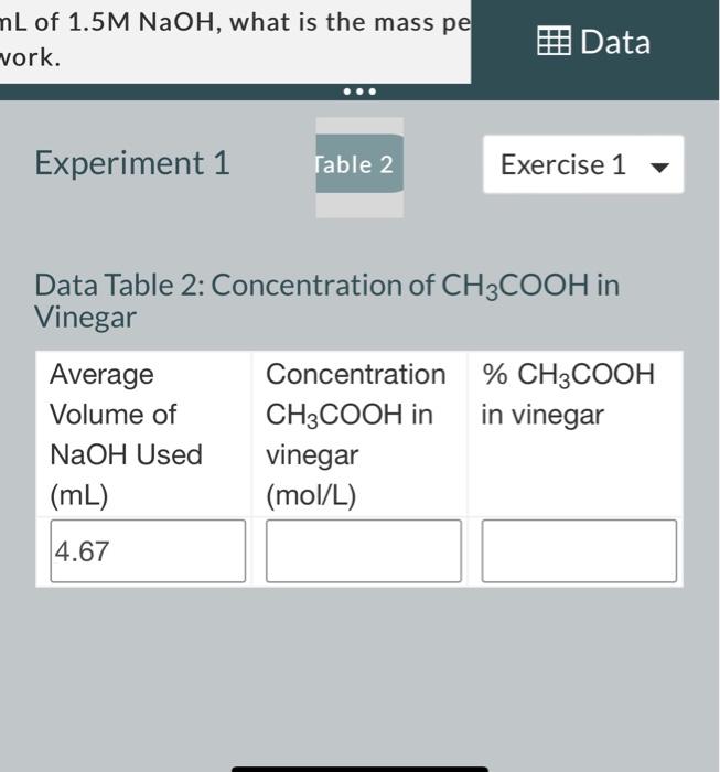 Solved Experiment 1 Exercise 1 Initial NaOH Final NaOH Total | Chegg.com