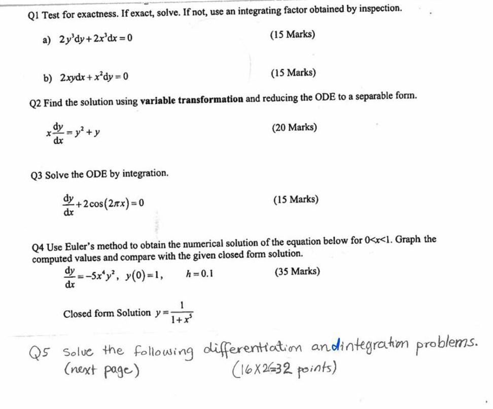 Solved Q1 Test for exactness. If exact, solve. If not, use | Chegg.com