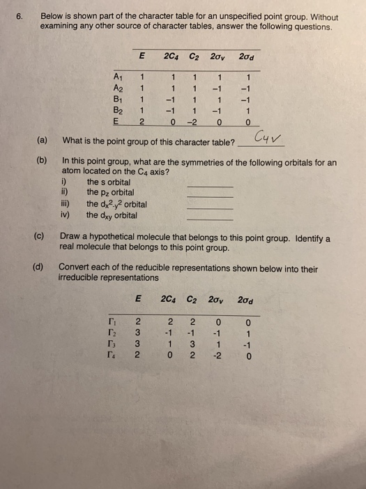 Solved 6. Below is shown part of the character table for an | Chegg.com