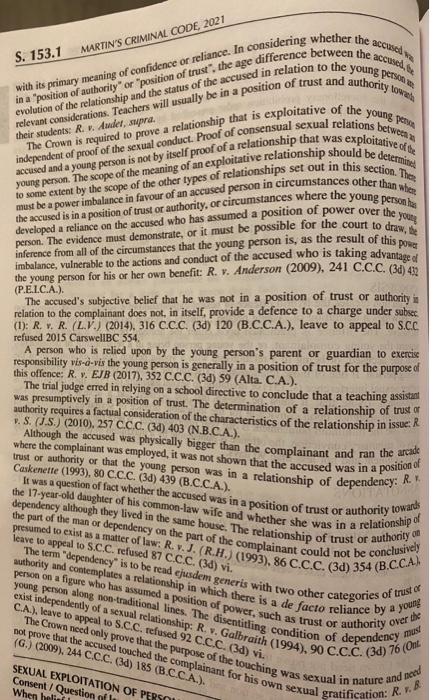 Research the Criminal Code Section 153 as it relates | Chegg.com