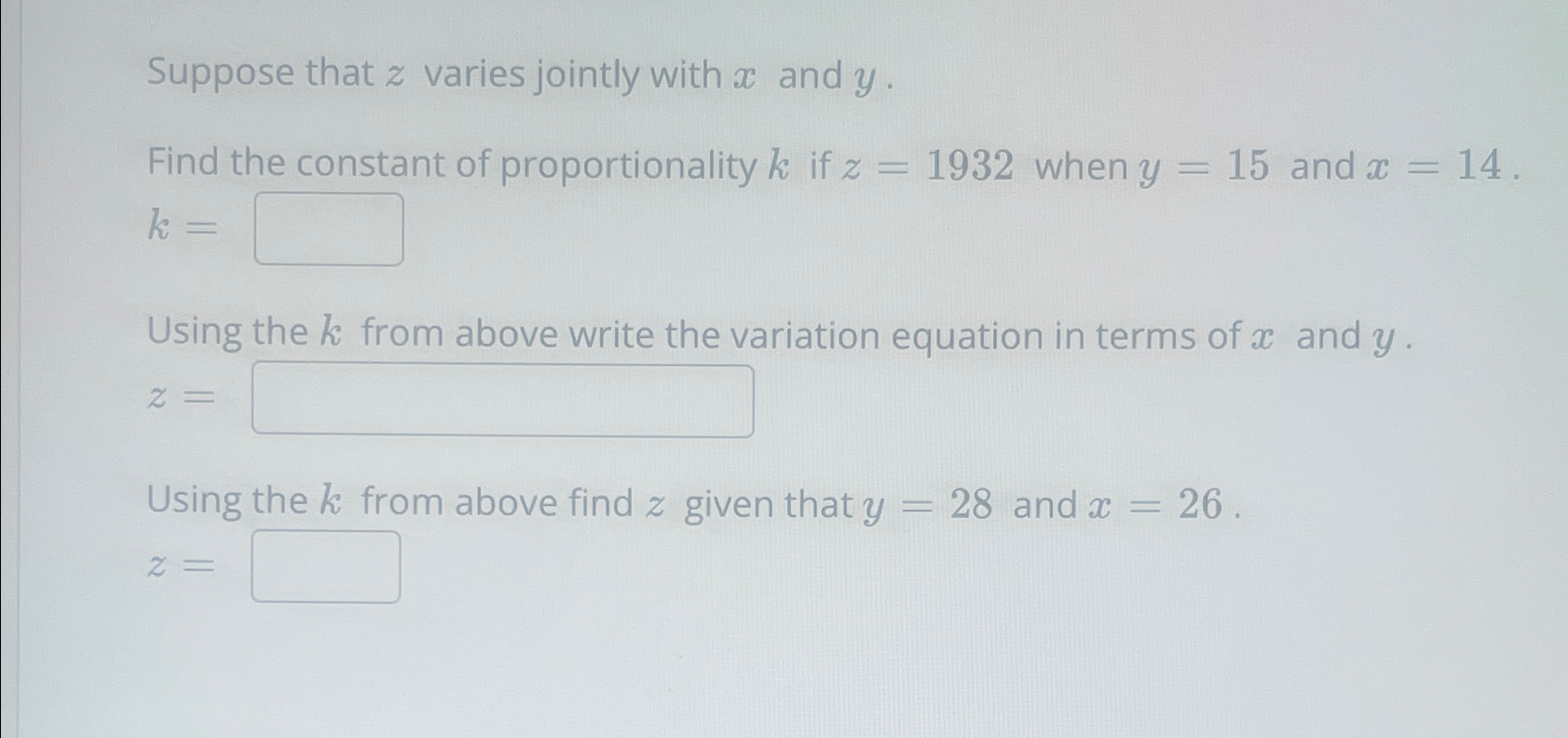 Solved Suppose that z ﻿varies jointly with x ﻿and y.Find the | Chegg.com