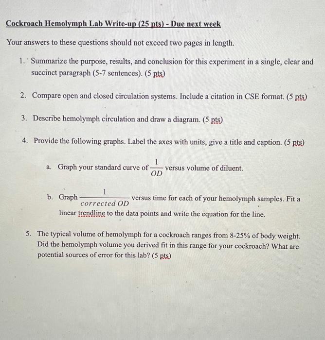Cockroach Hemolymph Lab Write-up (25 pts) - Due next | Chegg.com