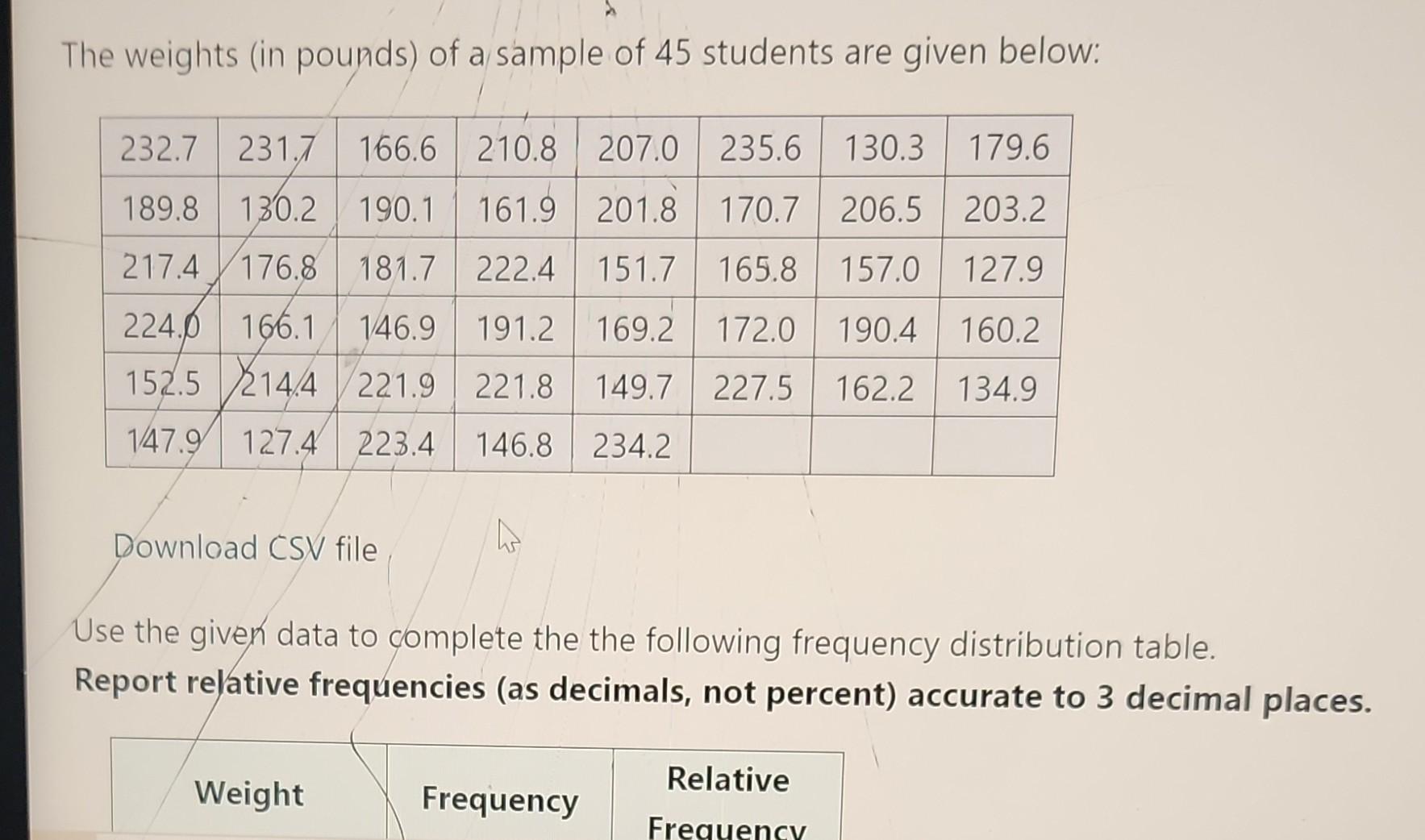 Solved The weights (in pounds) of a sample of 45 students | Chegg.com