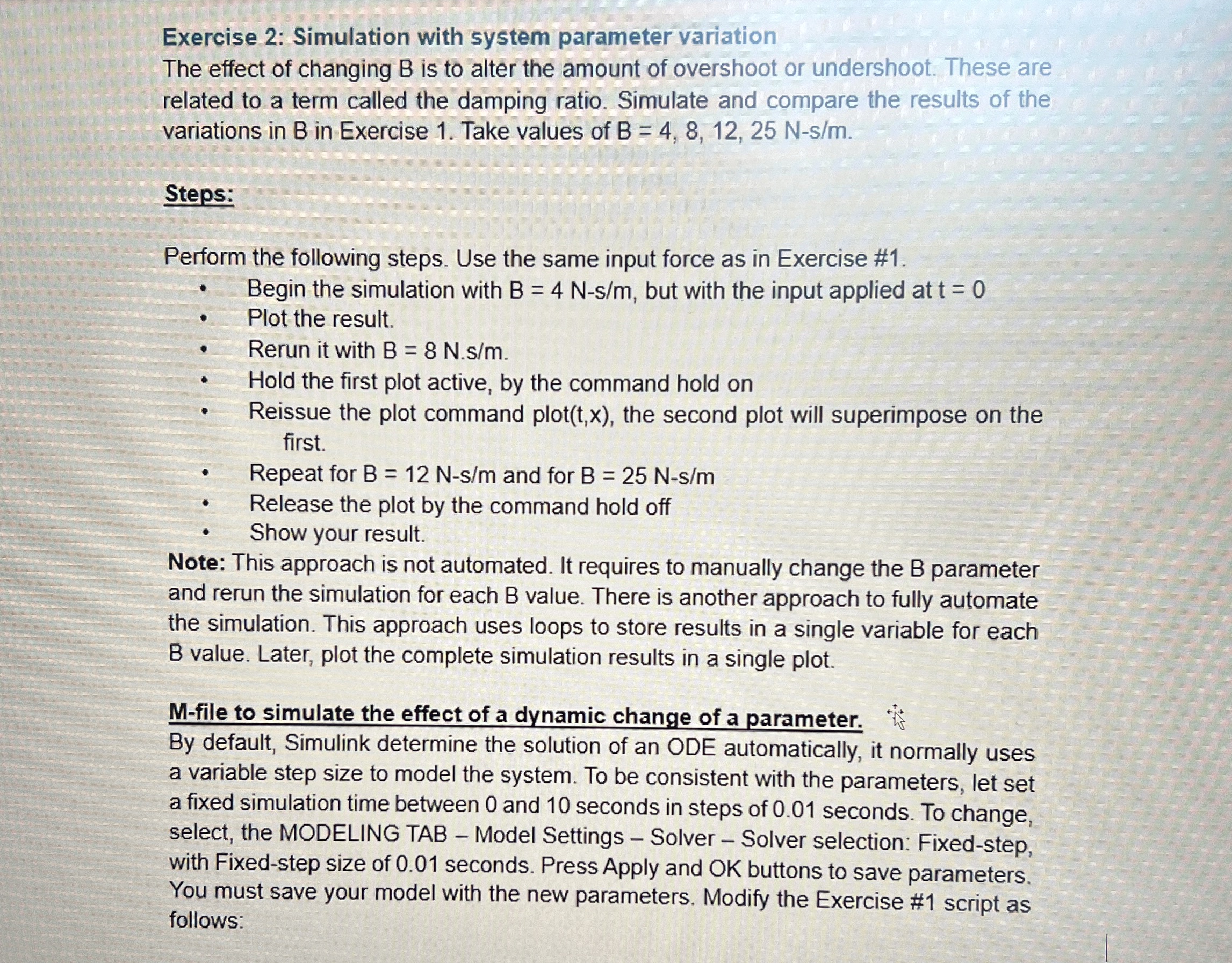 Solved Exercise 2: Simulation with system parameter | Chegg.com