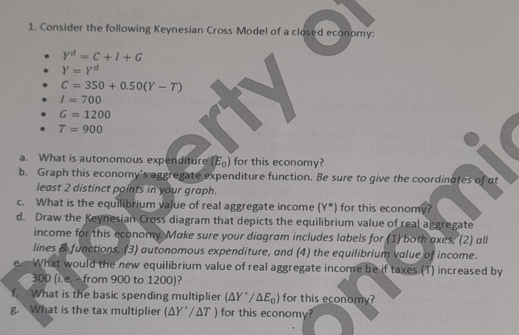 Solved 1. Consider the following Keynesian Cross Model of a | Chegg.com