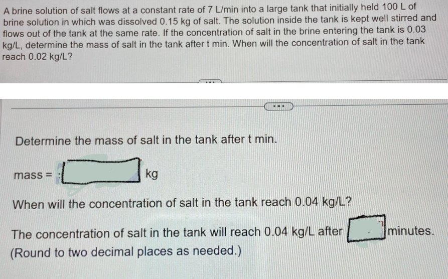 Solved Determine the mass of salt in the tank after t ﻿min. | Chegg.com