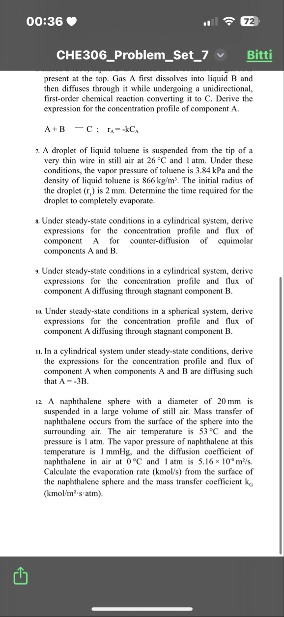 00:36072CHE306_Problem_Set_7Bittipresent at the top. | Chegg.com