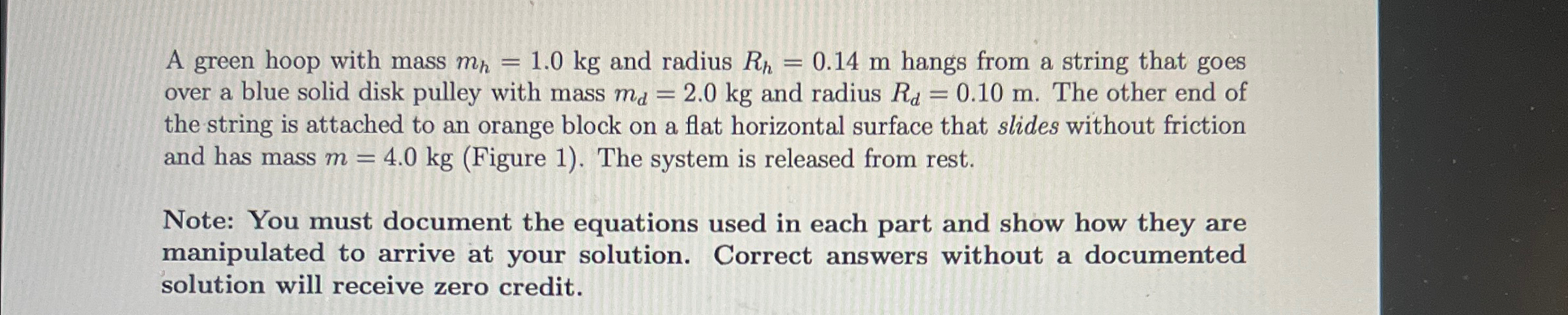Solved A green hoop with mass mh=1.0kg ﻿and radius Rh=0.14m | Chegg.com