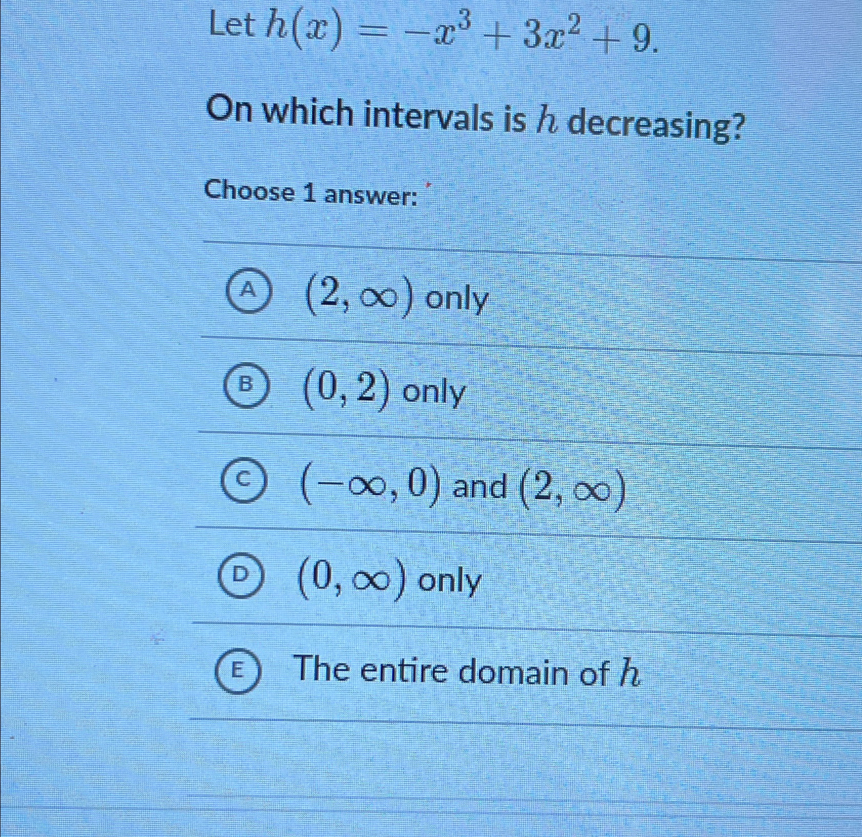 Solved Let h(x)=-x3+3x2+9On which intervals is h | Chegg.com