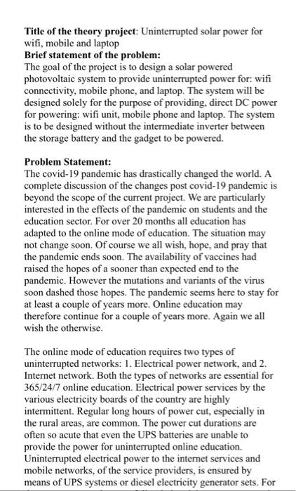 Solved Title of the theory project: Uninterrupted solar | Chegg.com