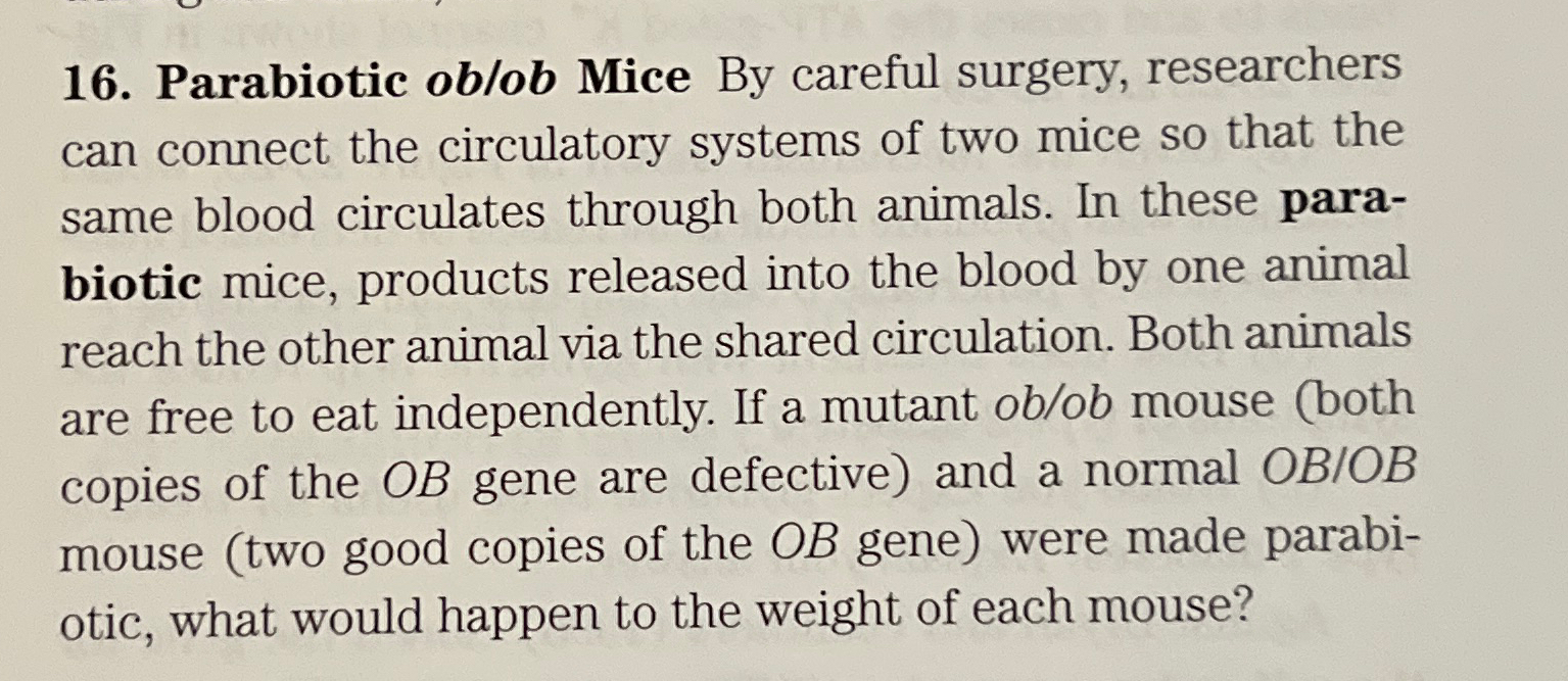 Solved Parabiotic ob/ob Mice By careful surgery, researchers | Chegg.com