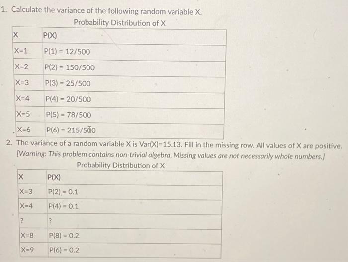 Solved 1. Calculate the variance of the following random | Chegg.com