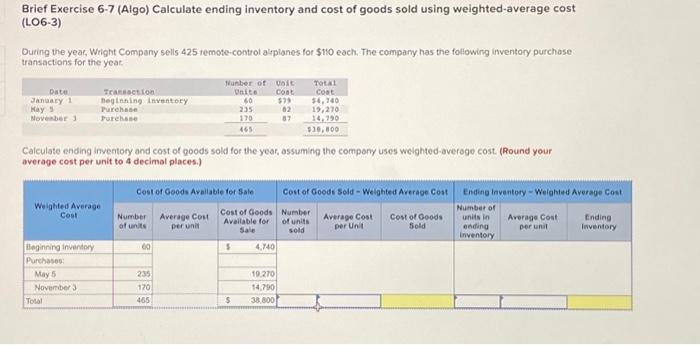 Solved Brief Exercise 6-7 (Algo) Calculate ending inventory | Chegg.com