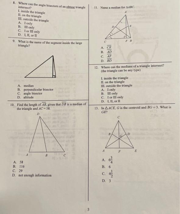 Solved 8. Where can the angle bisectors of an obtuse | Chegg.com