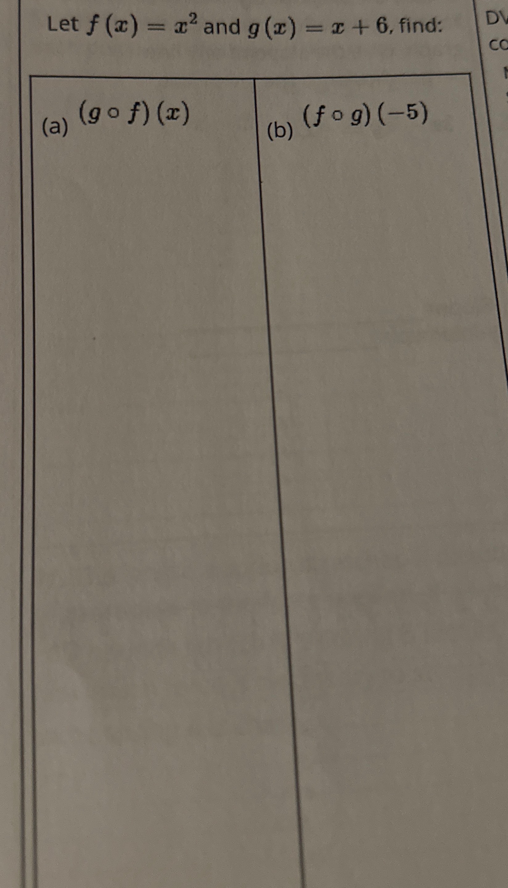 Solved Let f(x)=x2 ﻿and g(x)=x+6, ﻿find:(b) (f@g)(-5) | Chegg.com