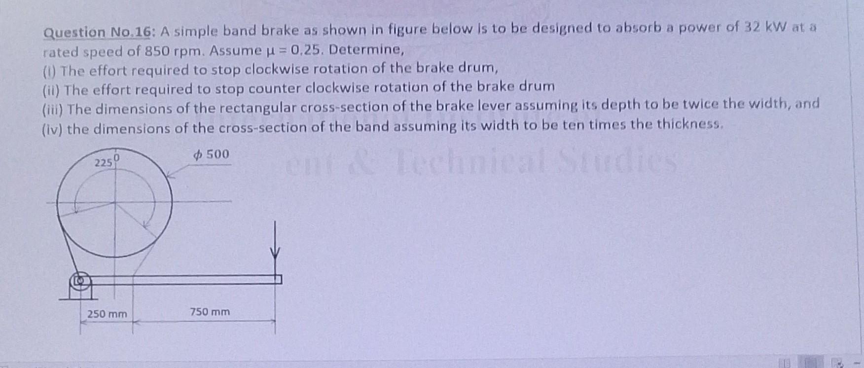 Solved Question No. 16: A simple band brake as shown in | Chegg.com