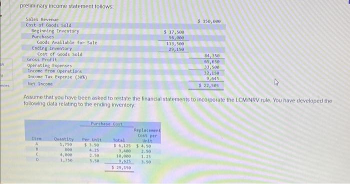 preliminary income statement tollows: Assume that you | Chegg.com