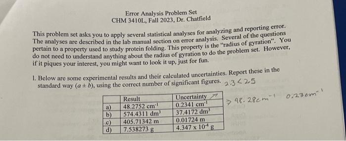 Solved Error Analysis Problem set CHM 3410 L, Fall 2023, Dr. | Chegg.com