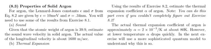 Solved (8.3) Properties of Solid Argon For argon, the | Chegg.com