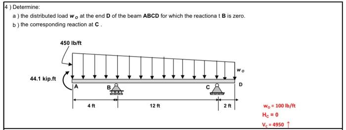 Solved ) Determine: a ) the distributed load w0 at the end D | Chegg.com