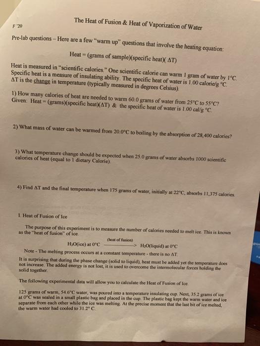 Solved The Heat of Fusion & Heat of Vaporization of Water F | Chegg.com