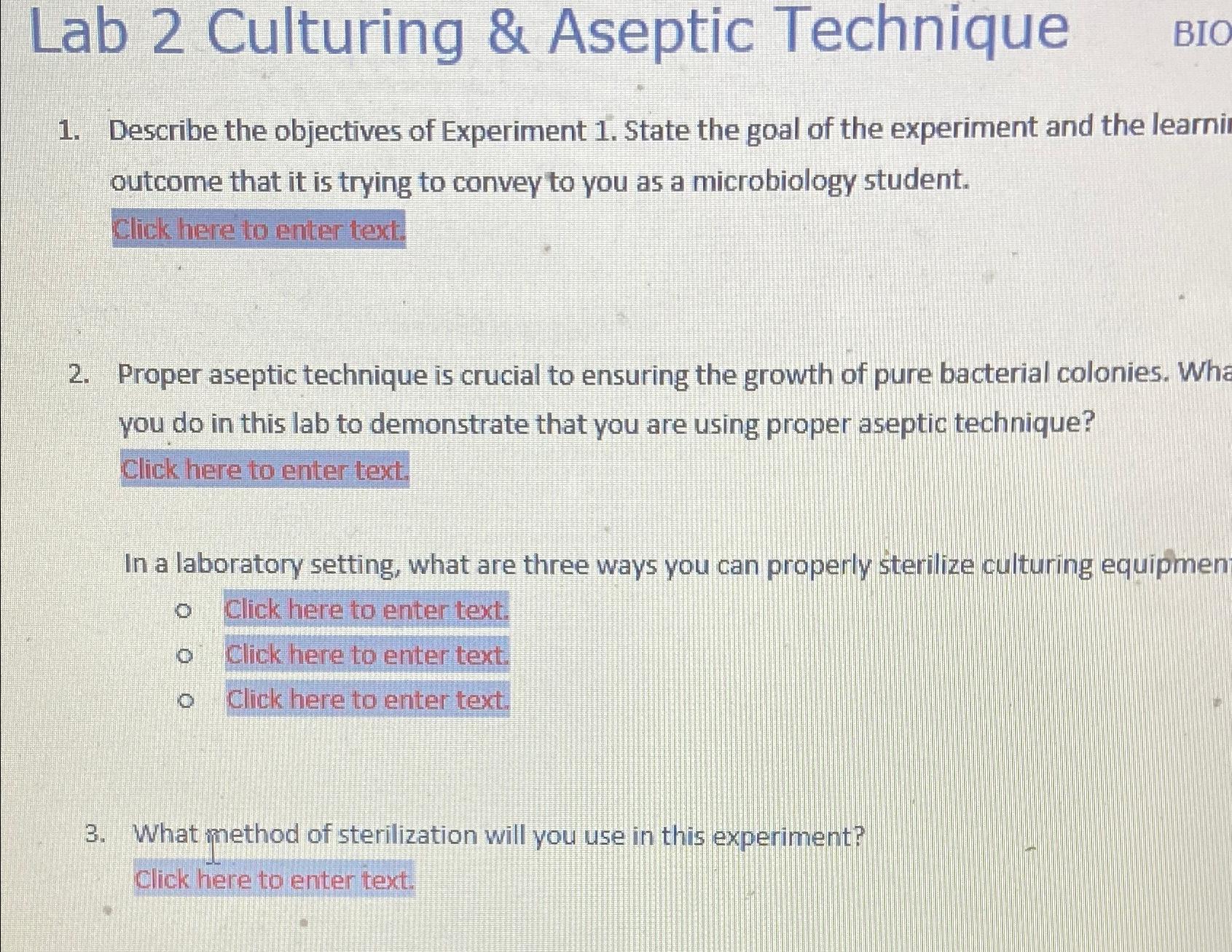 Solved Lab 2 ﻿Culturing & Aseptic TechniqueDescribe the | Chegg.com