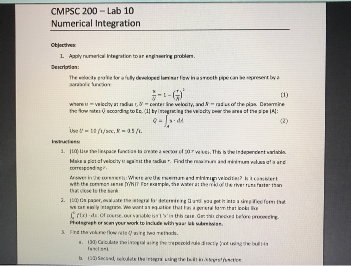 Solved CMPSC 200 - Lab 10 Numerical Integration Objectives: | Chegg.com
