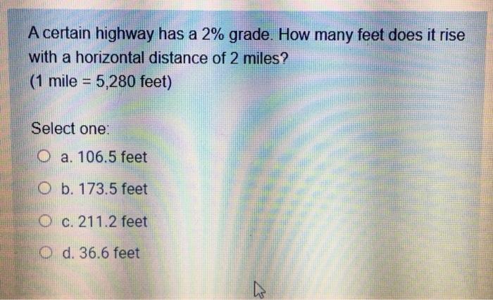 Solved A certain highway has a 2% grade. How many feet does | Chegg.com