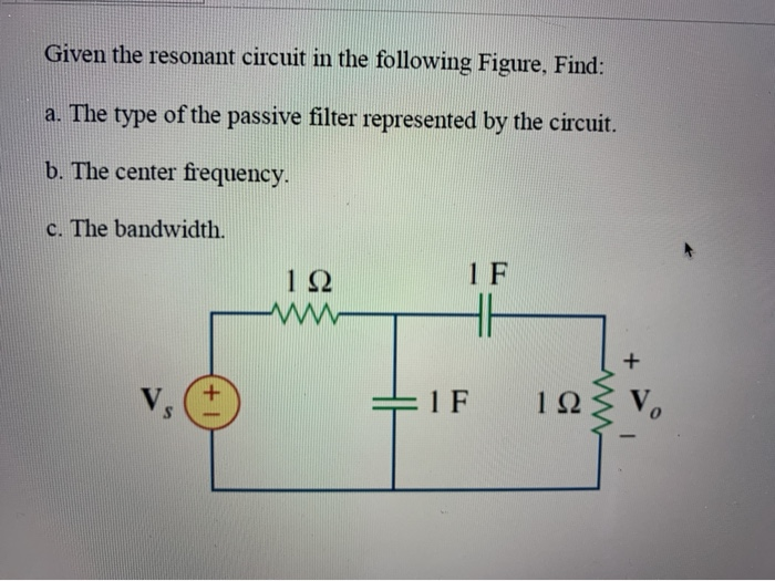 Solved Given the resonant circuit in the following Figure, | Chegg.com
