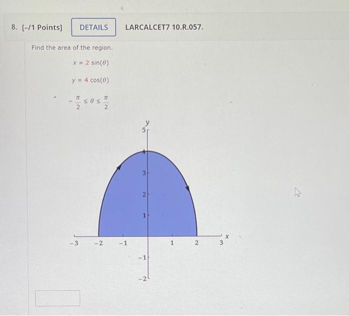 [Solved]: /1 Points] LARCALCET7 10.R.057. Find the area of