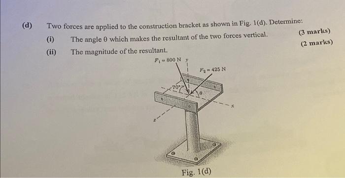 Solved d) Two forces are applied to the construction bracket | Chegg.com